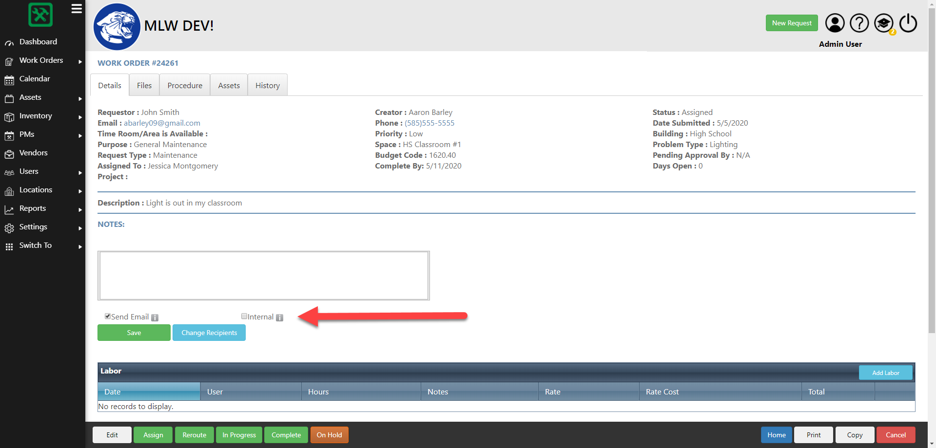 Add an Internal Note to a Work Order – ML Work Orders