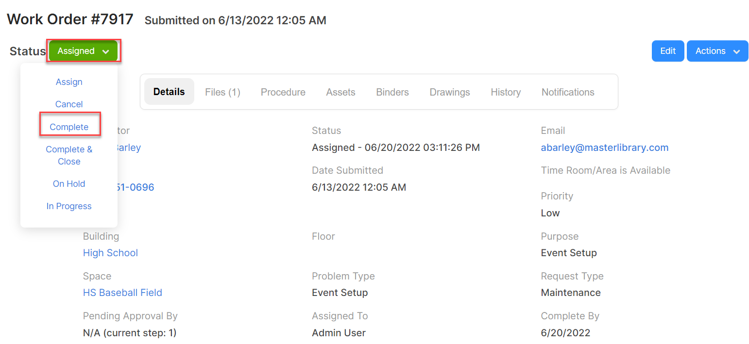 Completing Work Orders – ML Work Orders
