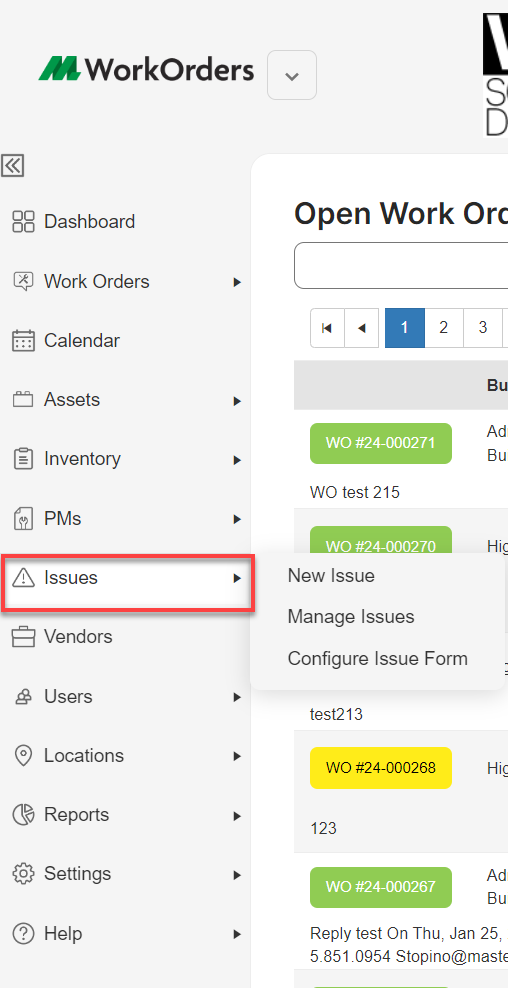 Manage Issues (Setup, Add, Edit, Complete) – ML Work Orders