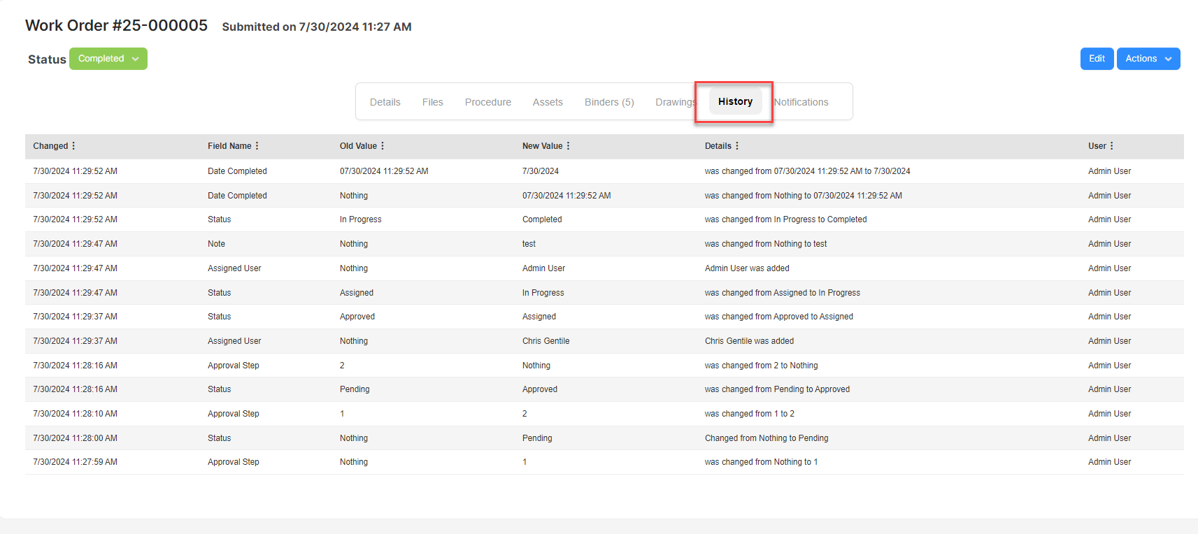 Viewing a Work Order History – ML Work Orders