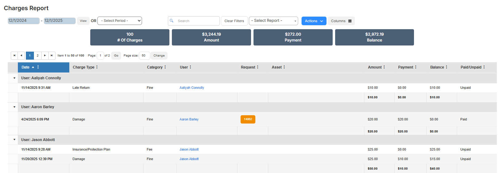 Charges Report – ML Work Orders